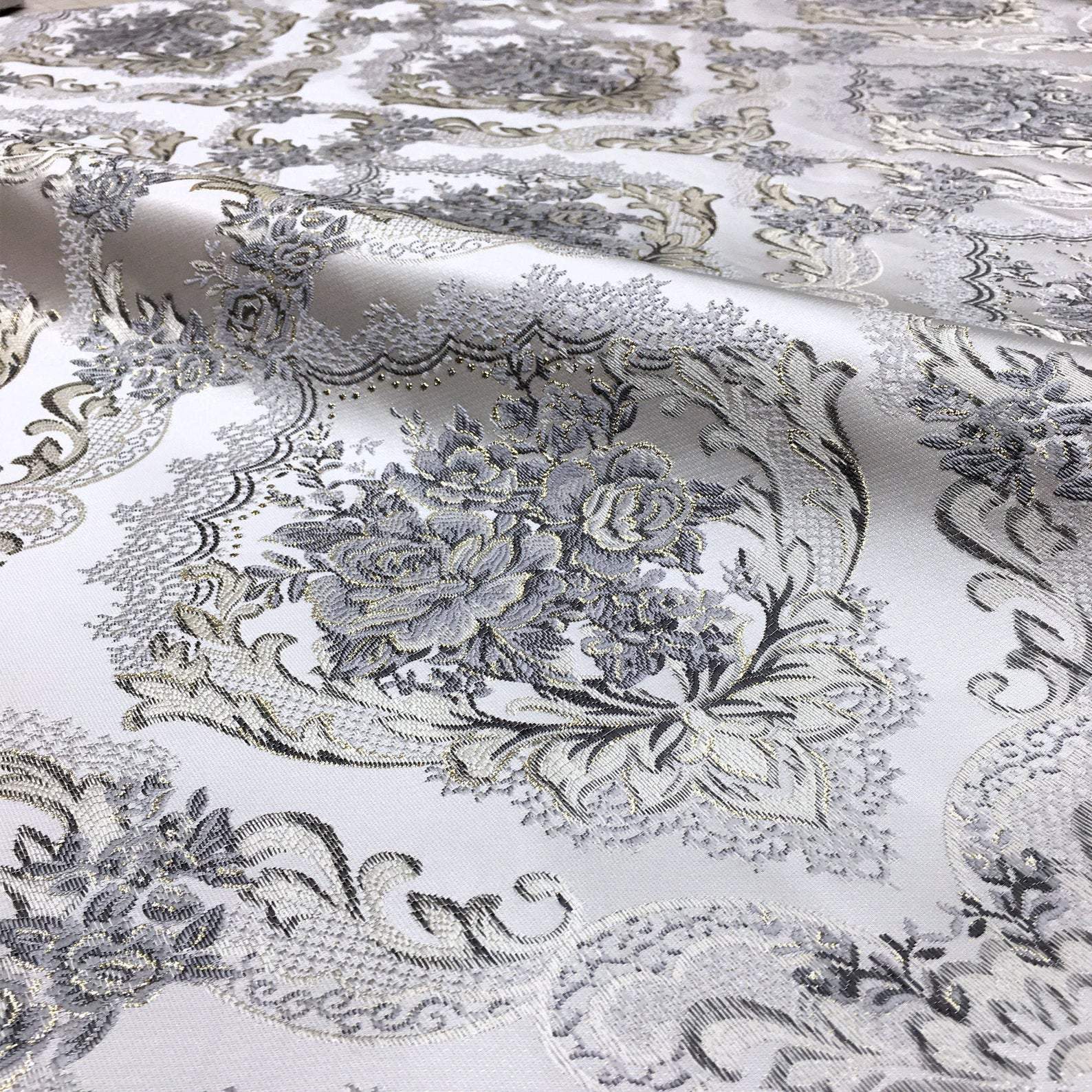 110" Wide Gray and Gold Soft Sheen Royal Floral Damask Jacquard Fabric ...